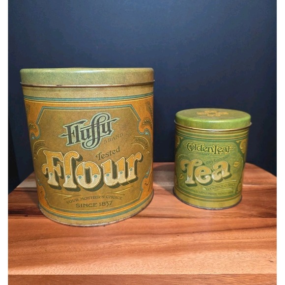 Art | Vtg 197s Fluffy Brand Flour Can And Golden Leaf Tin Set W Lids ...